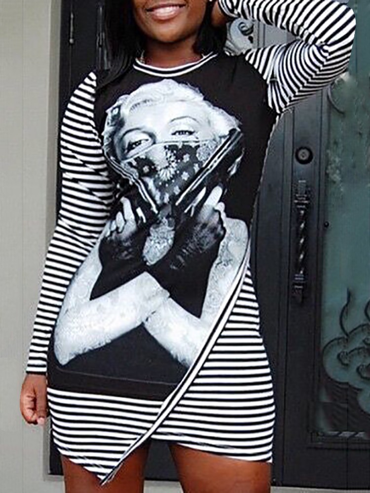 Fashion Character Pattern Stripes Asymmetric Hem Casual Dress Online ...