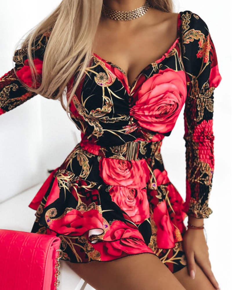 Floral Print Shirred Layered Dress