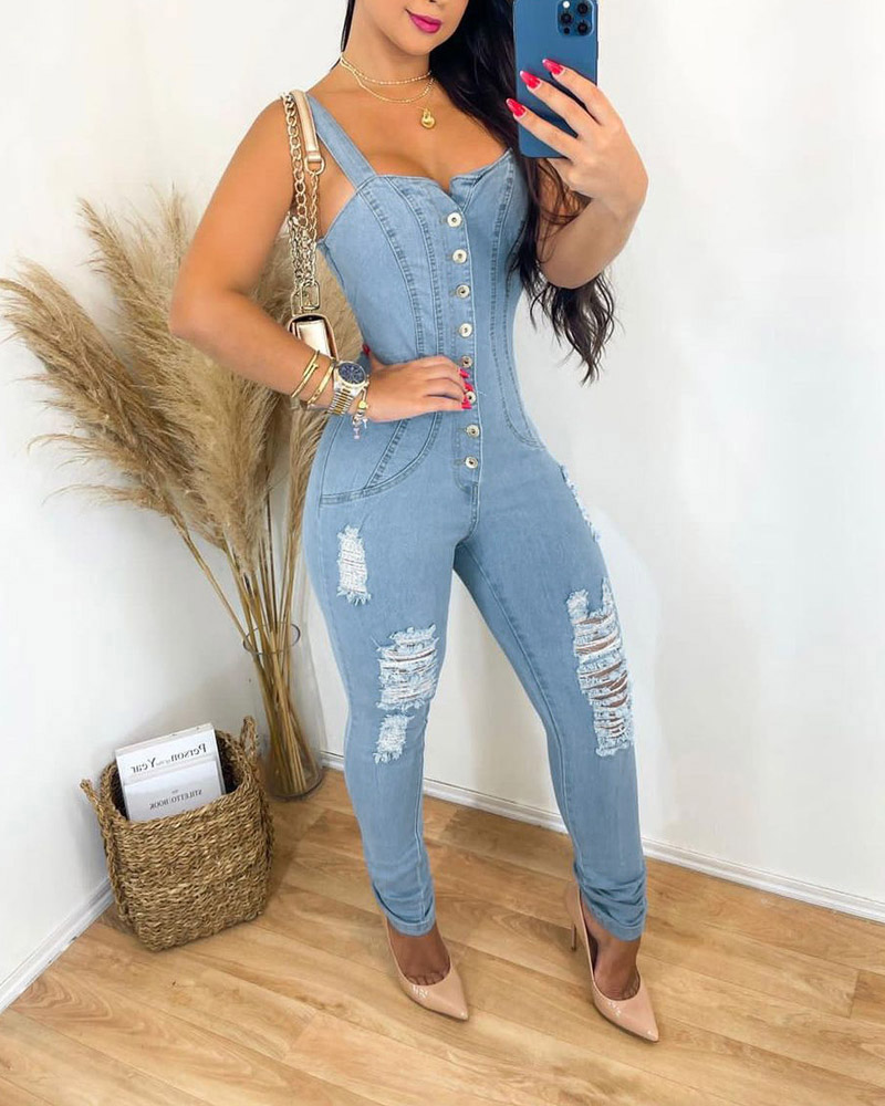 Mono de mezclilla rasgado con botones en la parte delantera