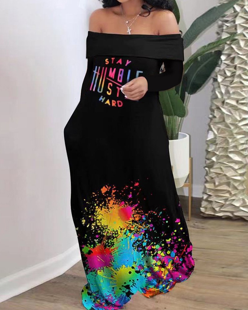 Plus Size Lip Letter Print Ink Splash Off Shoulder Maxi Dress