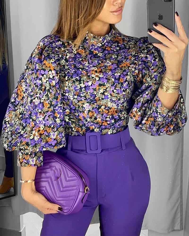 Ditsy Floral Print Lantern Sleeve Top
