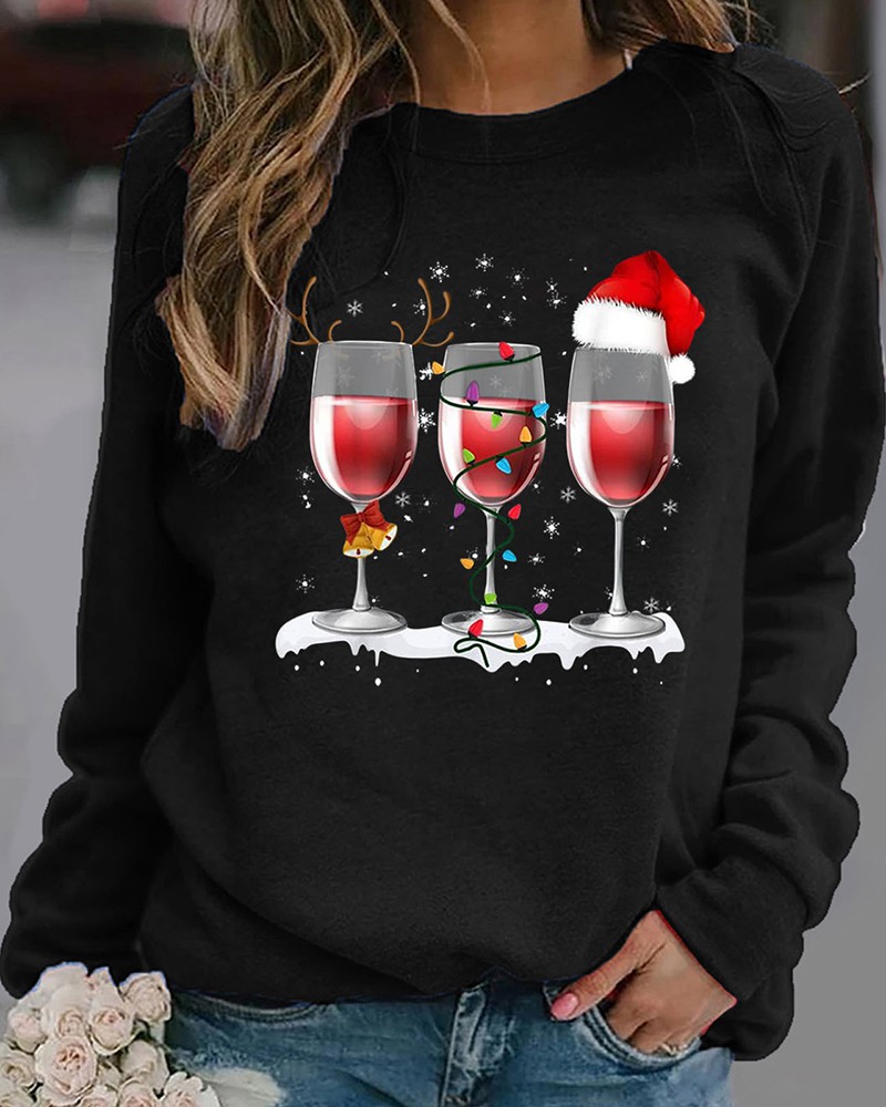 Sudadera navideña con estampado gráfico de copas de vino de manga larga