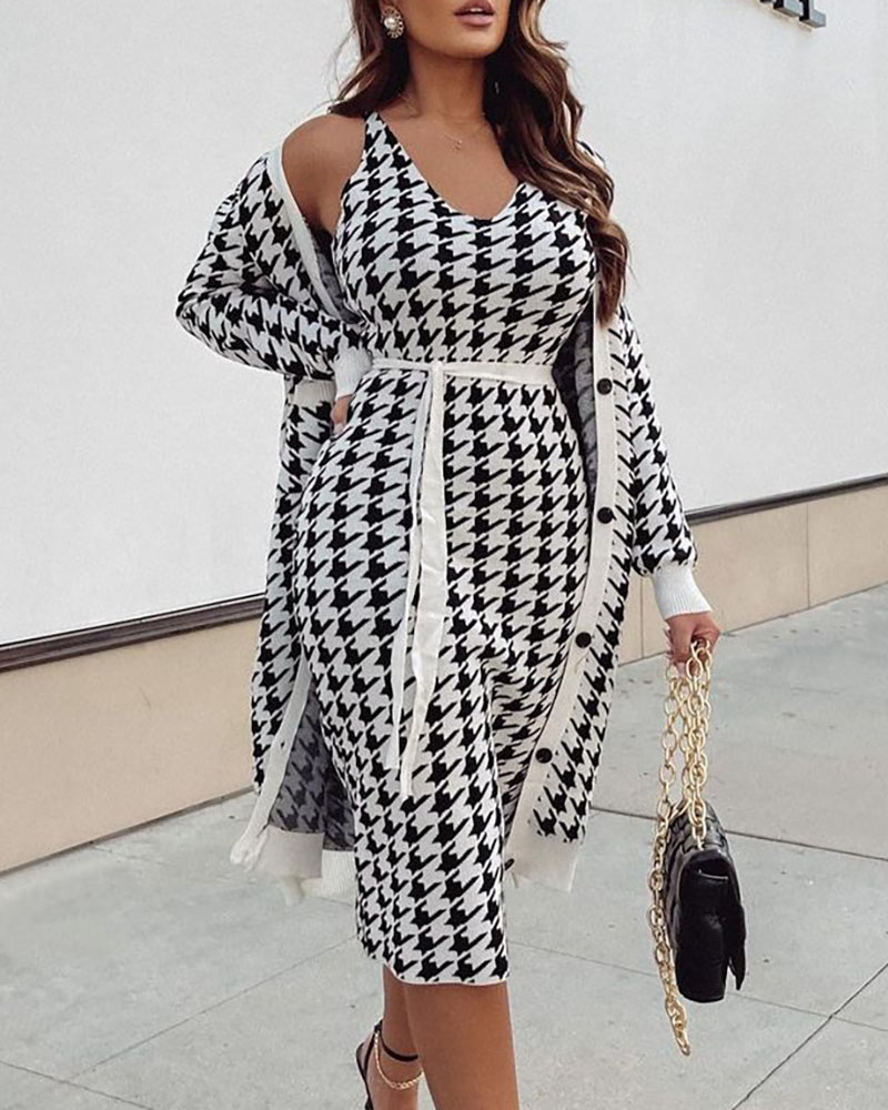 Tied Detail V-Neck Houndstooth Print Knit Work Dress
