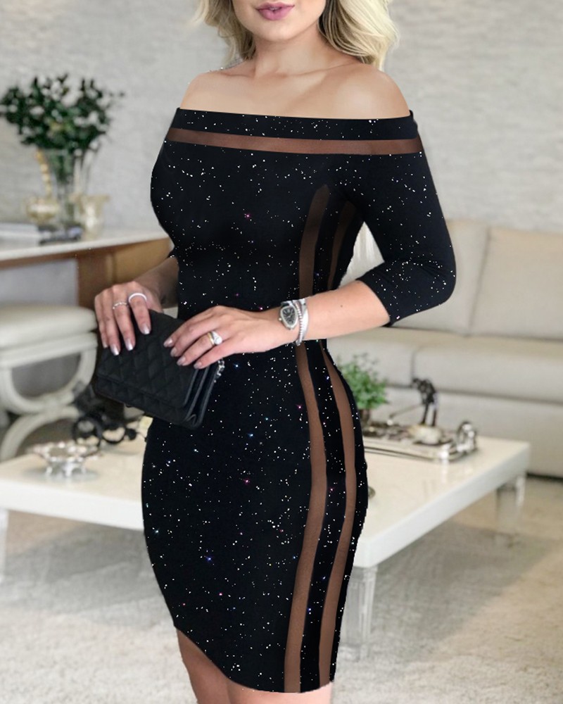 Off Shoulder Glitter Long Sleeve Bodycon Dress