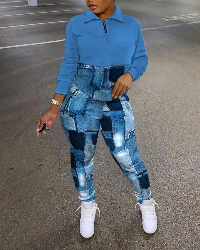 Denim Look Print Long Sleeve Top & Pants Set