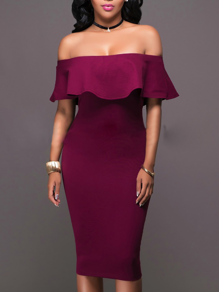 Ruffled Off Shoulder Bodycon Midi Dress