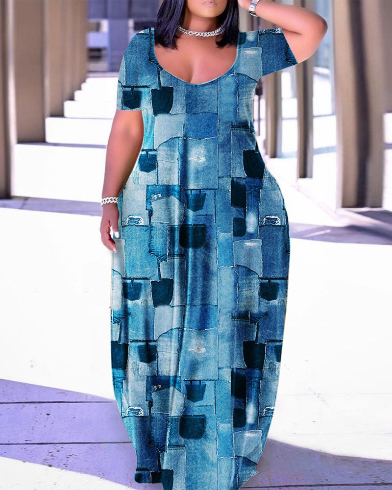 Plus Size Denim Look Print Casual Maxi Dress