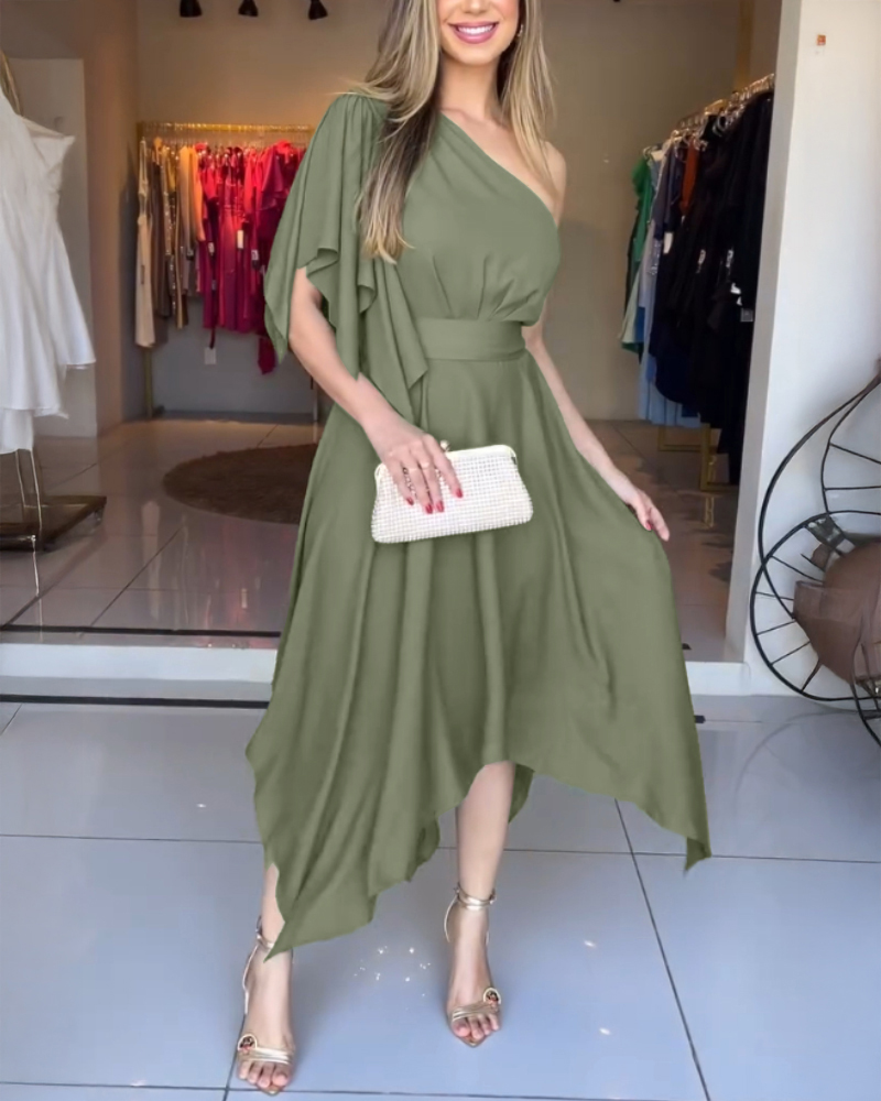 One Shoulder Asymmetrical Ruffle Sleeve Dress Cinched Waist ...