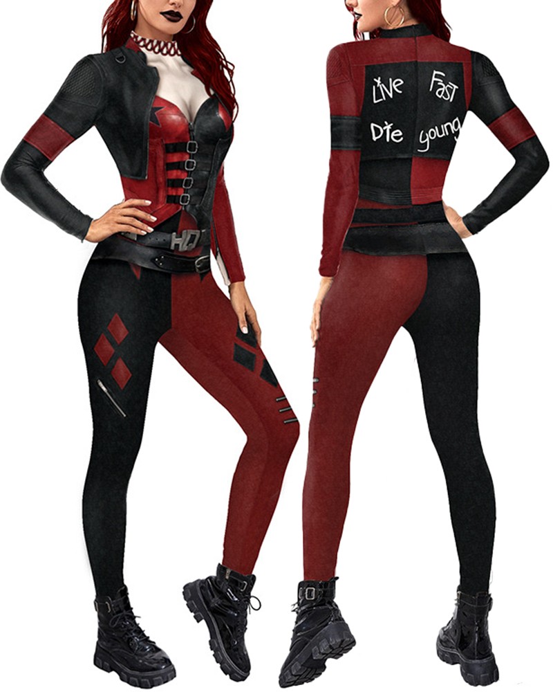 Halloween Colorblock Harlequin Blaster Cosplay Costume Jumpsuit