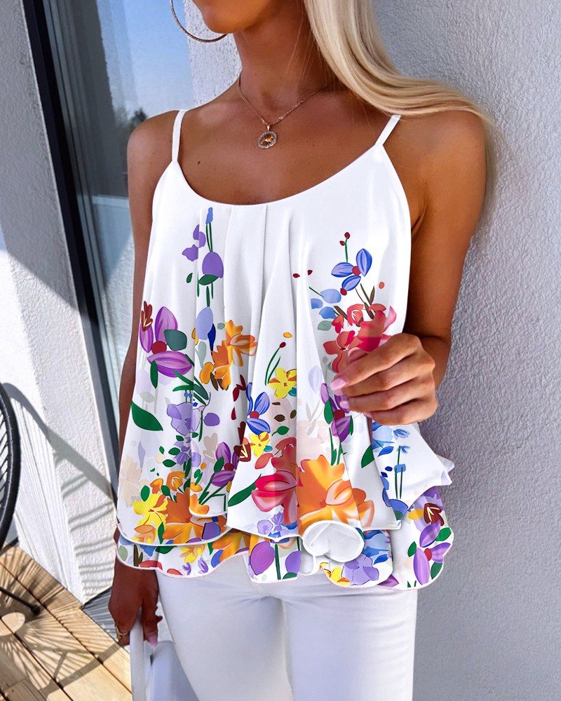 Floral Print Ruffles Flowy Cami Top