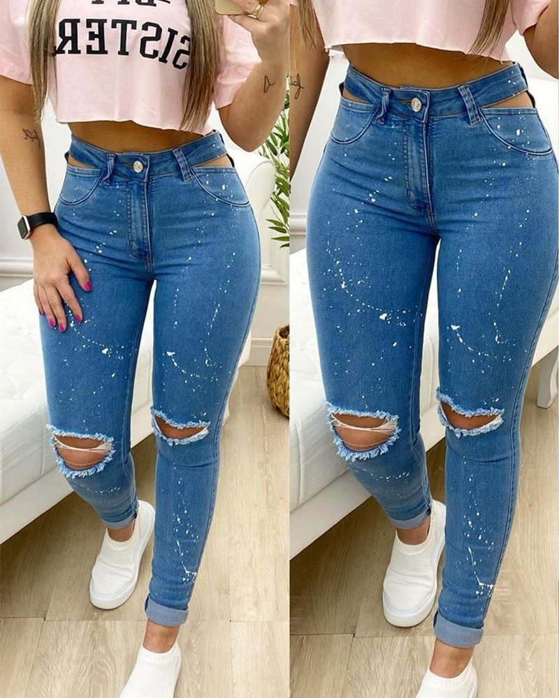 Calça jeans skinny rasgada com recorte de respingo de tinta
