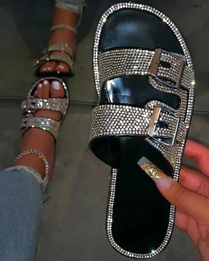 Rhinestone Buckled Double Strap Slippers