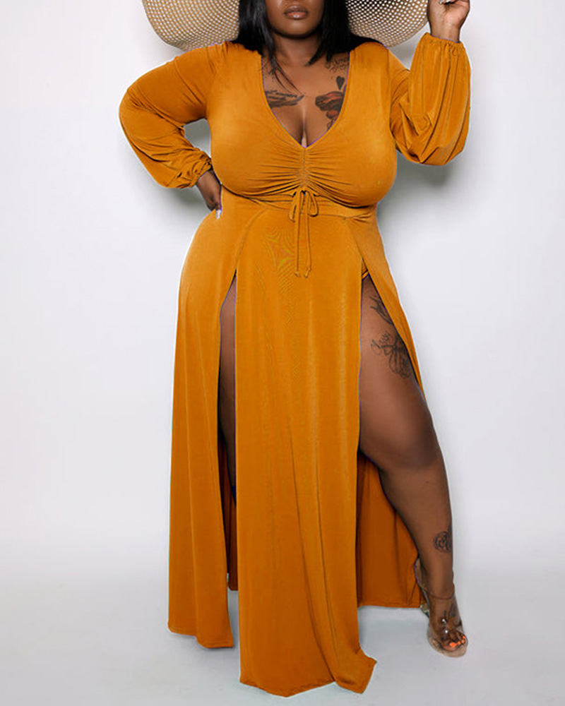 Plus Size Long Sleeve Drawstring Ruched High Slit Maxi Dress