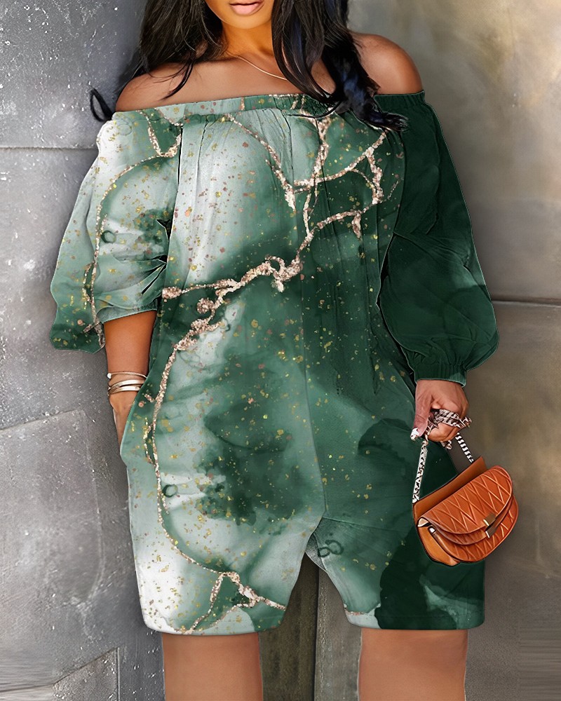 Plus Size Ink Splash Marble Print Off Shoulder Romper