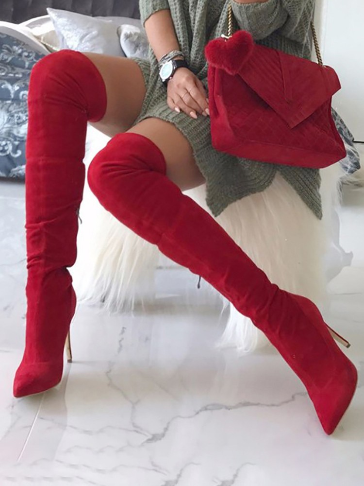 Red Pointed Toe Knee-High Heeled Boots
