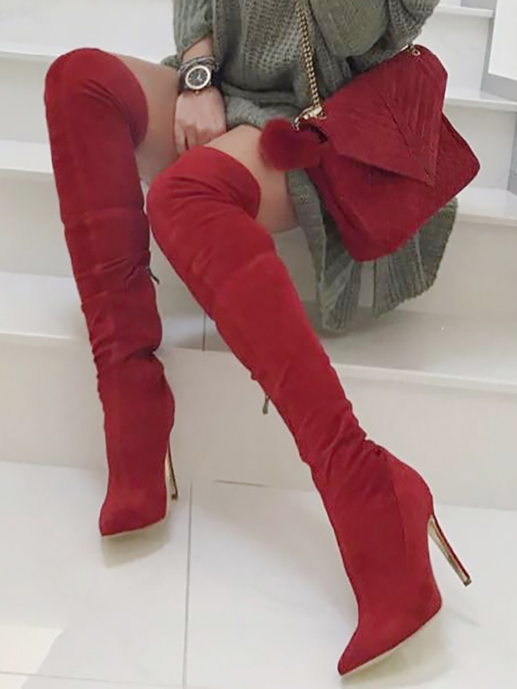 Red Pointed Toe Knee-High Heeled Boots