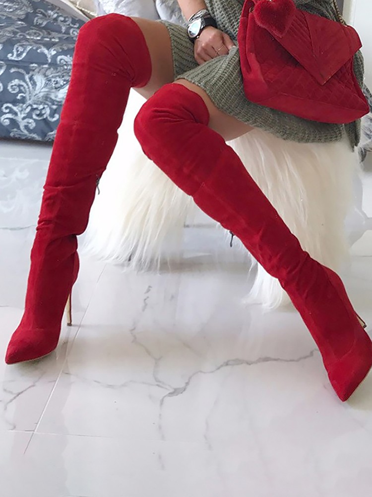 Red Pointed Toe Knee-High Heeled Boots