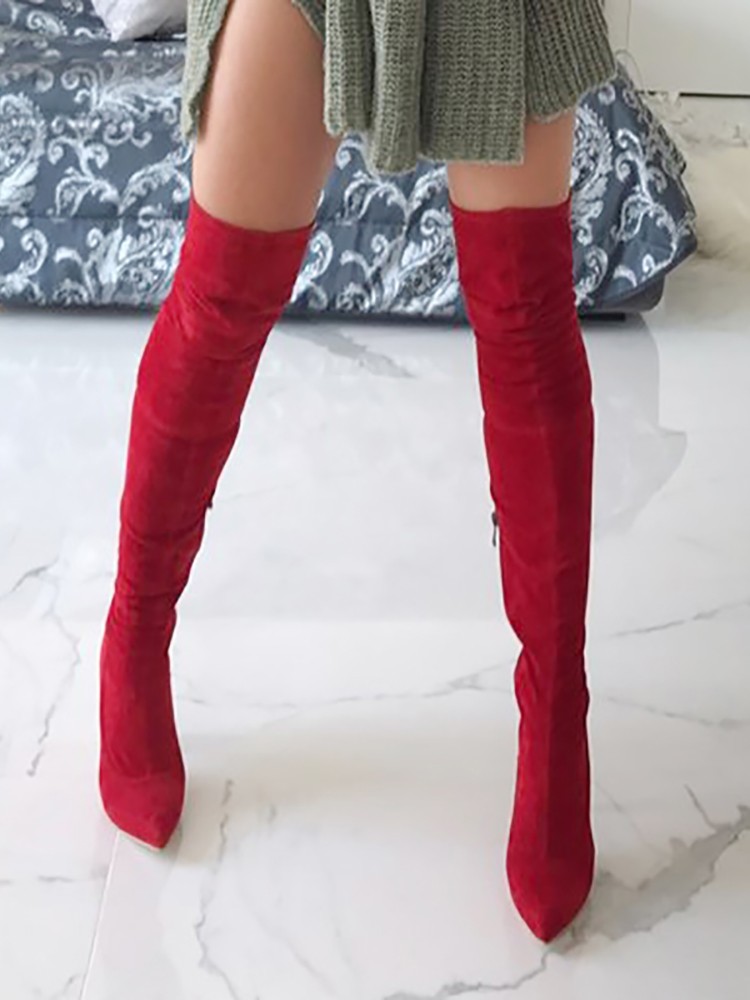 Red Pointed Toe Knee-High Heeled Boots