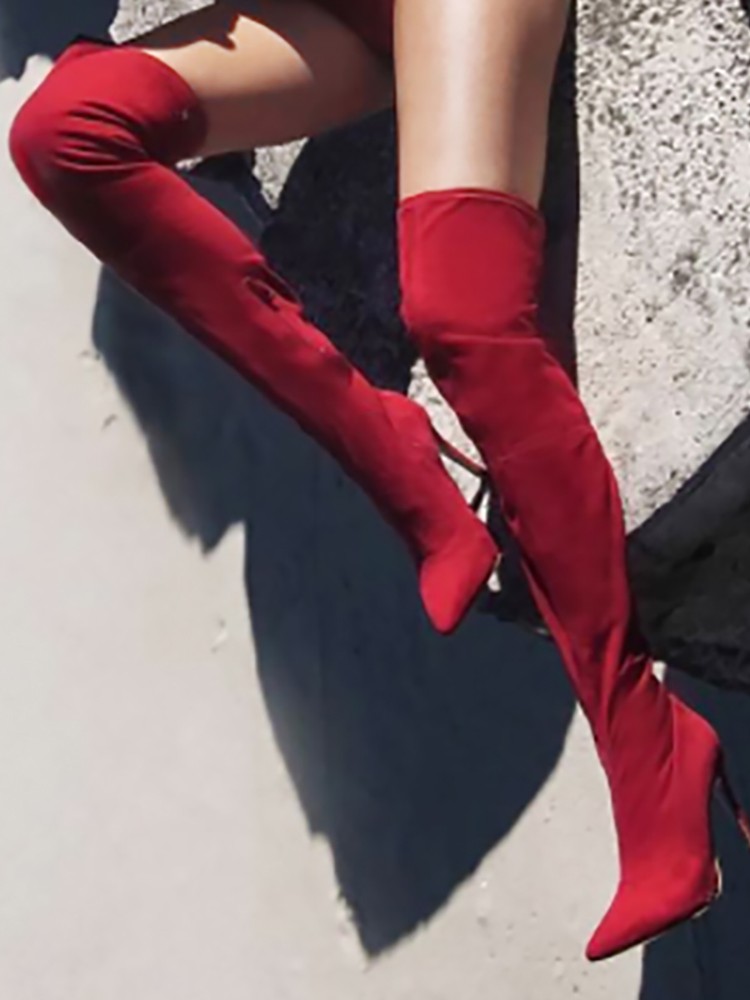 Red Pointed Toe Knee-High Heeled Boots