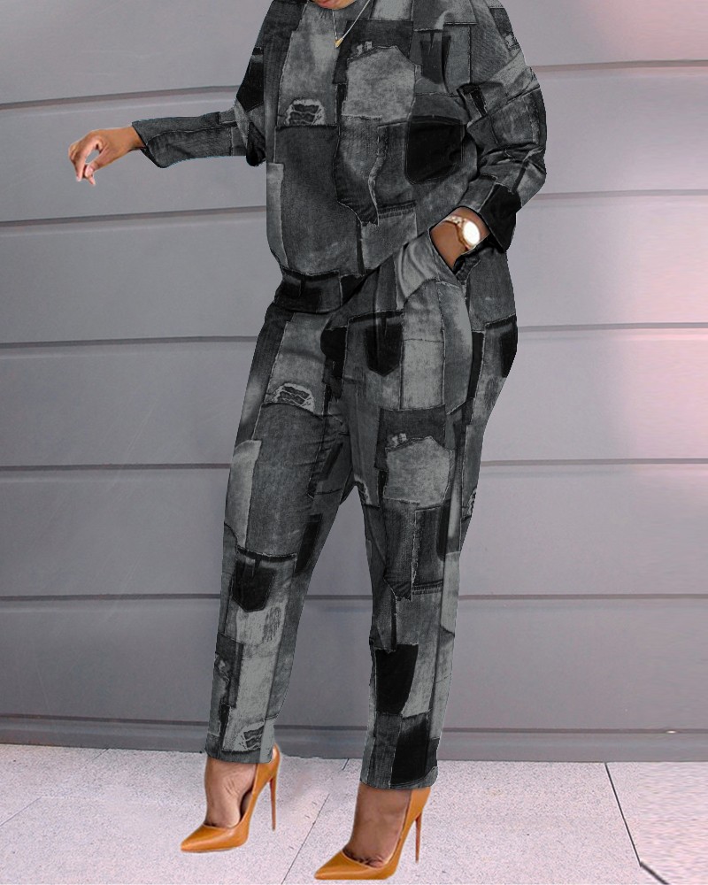 Plus Size Denim Look Print Long Sleeve Top & Pants Set
