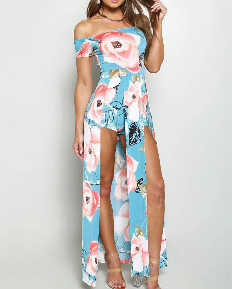 Floral Printed Off Shoulder Slit Romper