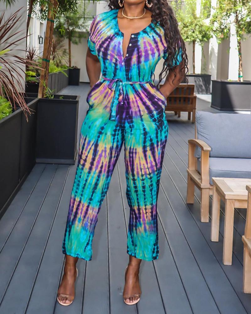 Tie Dye Print Pocket Design Buttoned Jumpsuit
