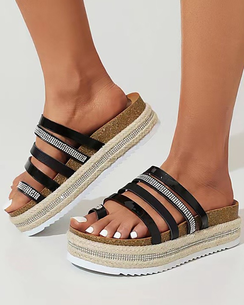 Multi Strap Rhinestone Toe Ring Platform Slippers