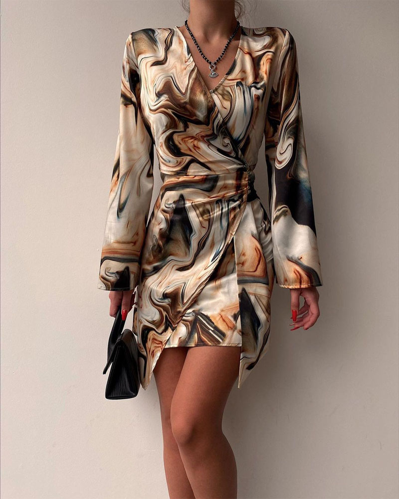 Marble Print Long Sleeve Wrap Dress