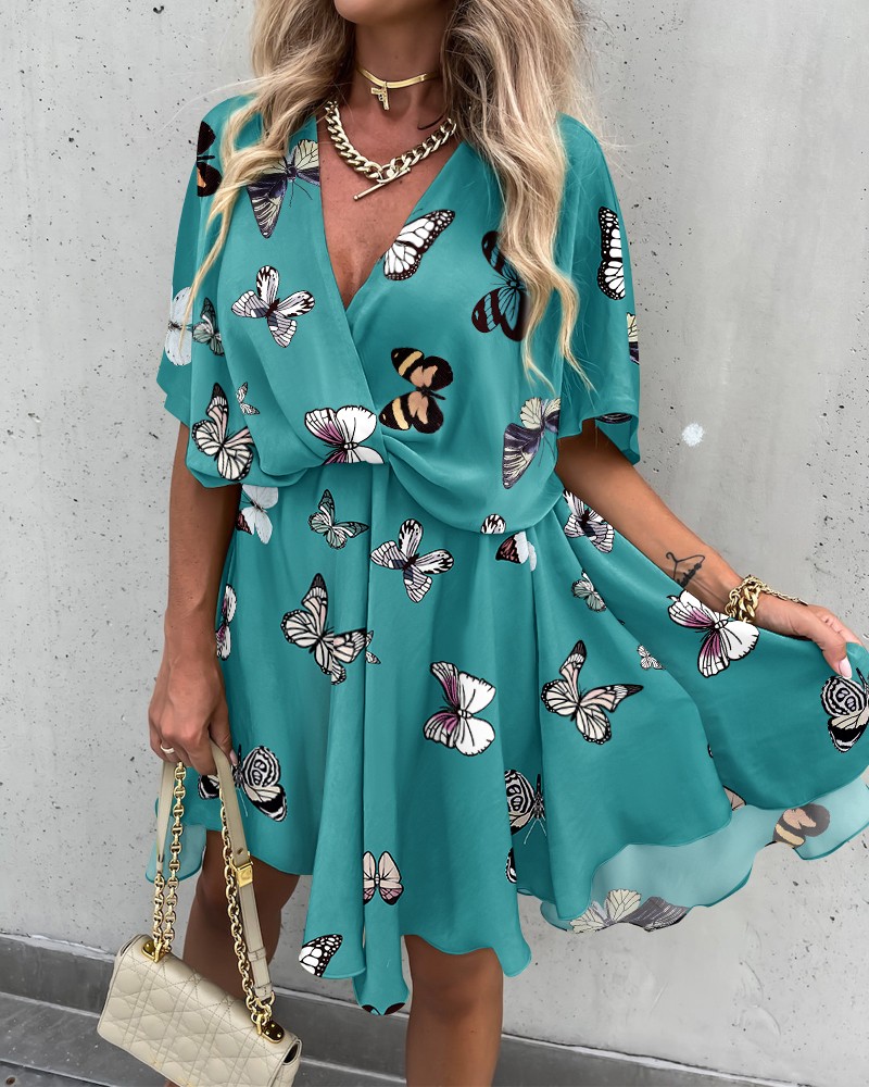 Butterfly Print Batwing Sleeve Overlap Flowy Swing Dress