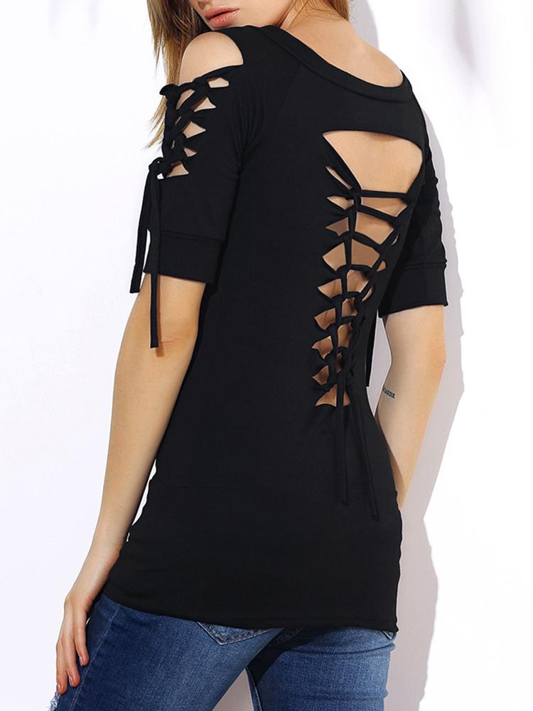Solid Lace-up Hollow Back T-Shirt