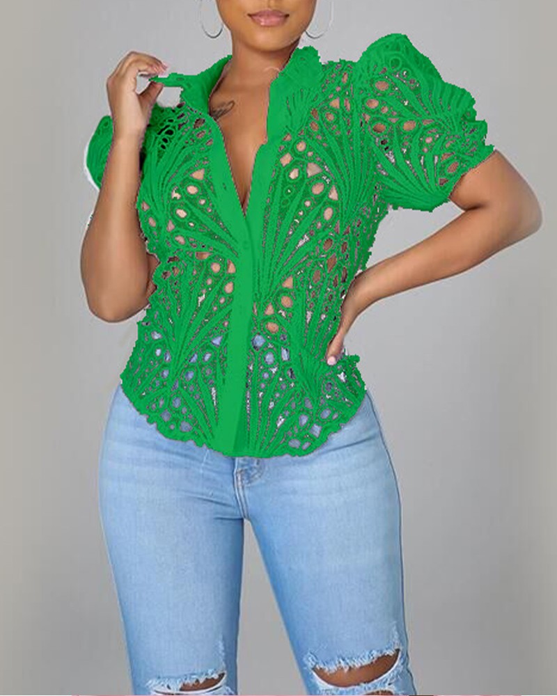 Eyelet Embroidery Puff Sleeve Button Down Shirt
