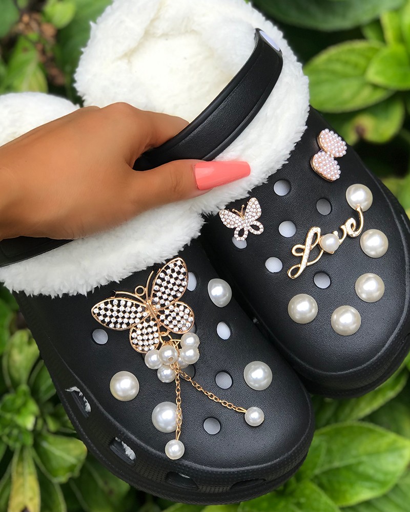 Rhinestone Butterfly Pattern Beaded Lined Fuzzy Clogs