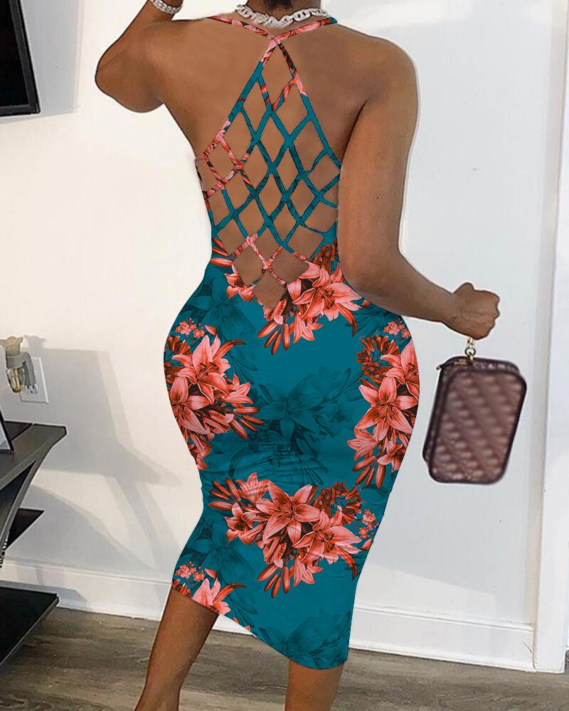 Floral Print Fishnet Backless Bodycon Dress