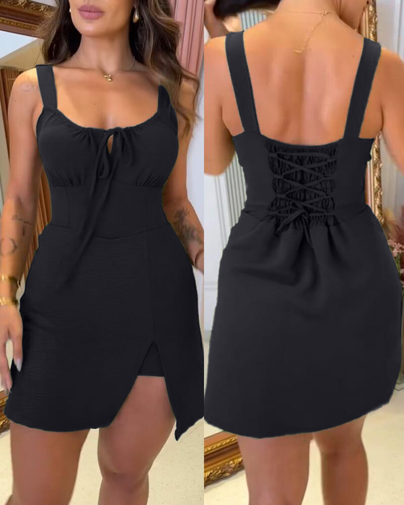 Plain Square Neck Lace-up Back Shirred Tied Detail Romper Elastic Waist ...