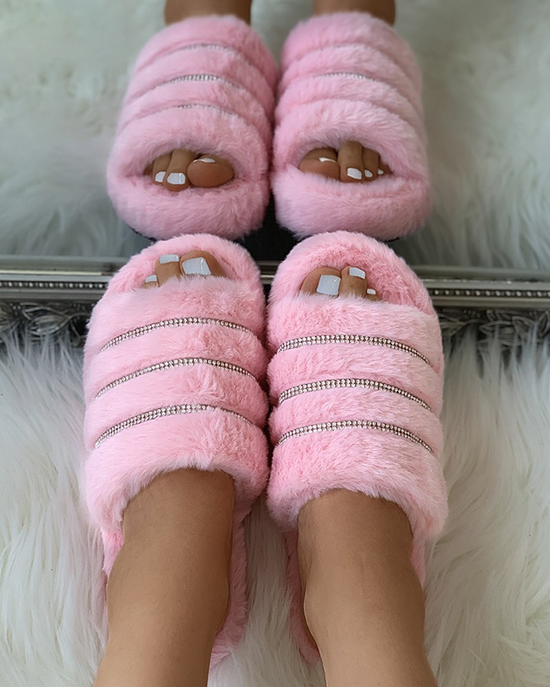 Studded Plain / Tie Dye Print Fluffy Slippers