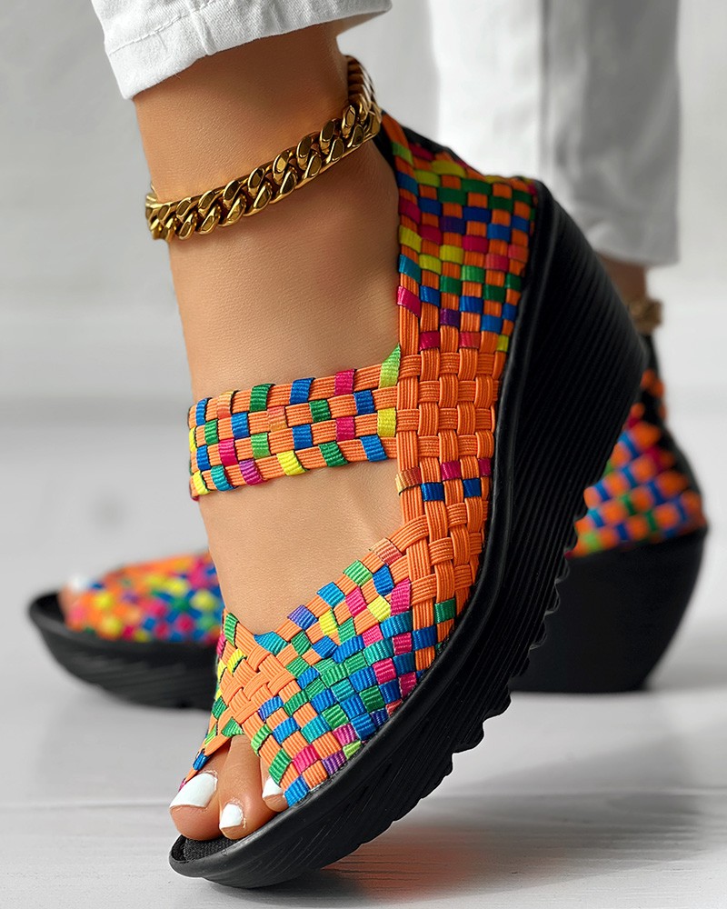 Colorblock Peep Toe Platform Wedge Sandals