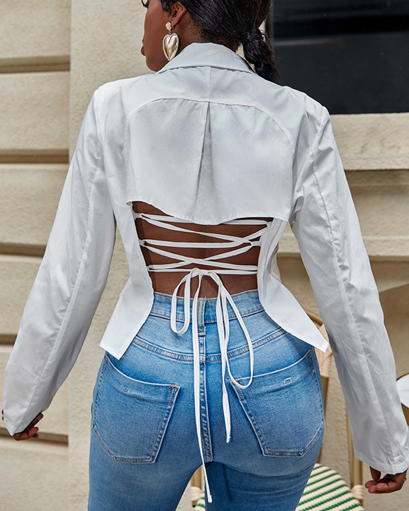 Lace-up Backless Lapel Collar Blazer