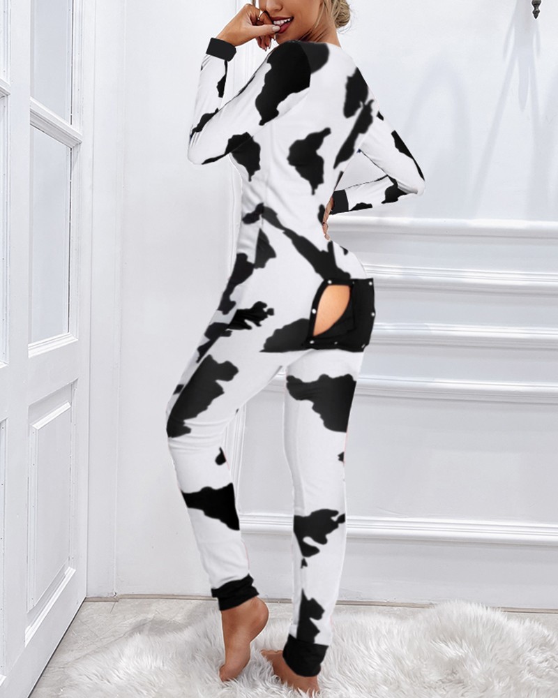 Cow Print Functional Buttoned Flap Adults Pajamas