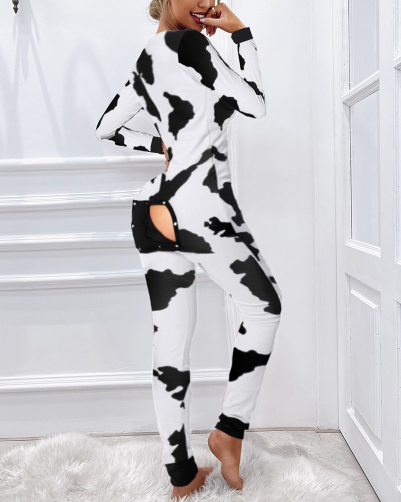 Cow Print Functional Buttoned Flap Adults Pajamas