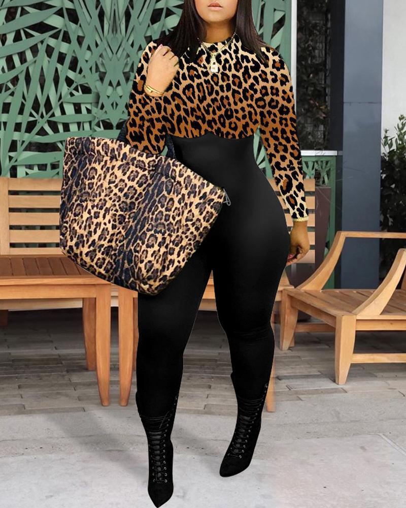 Plus Size Leopard Print Long Sleeve Jumpsuit