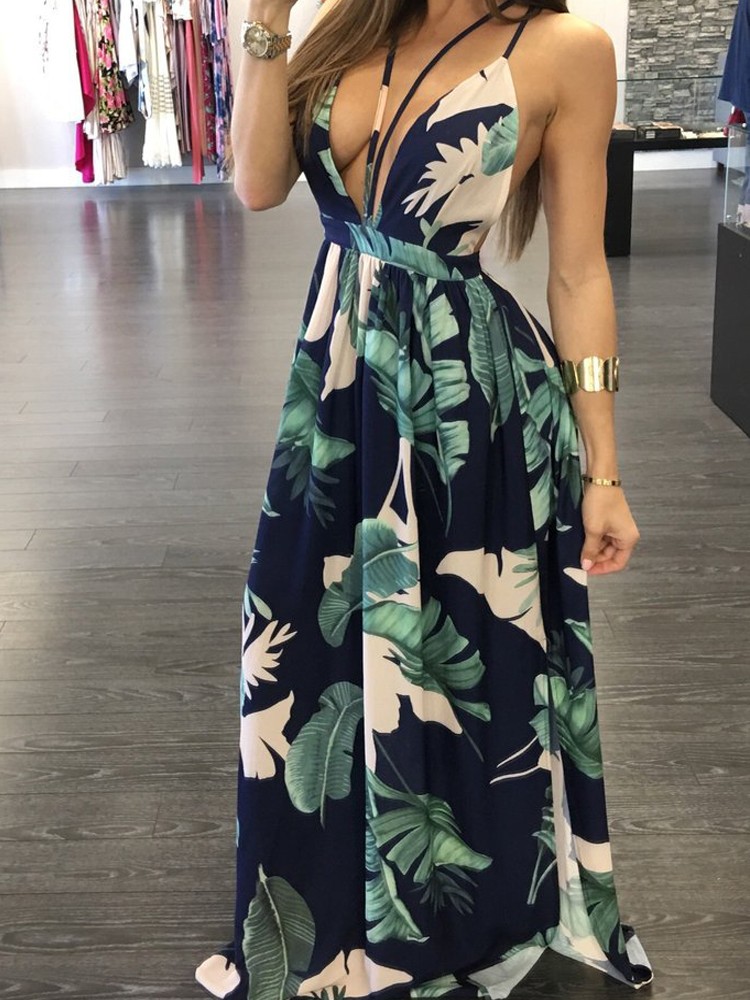 Stylish Deep V Neck Strappy Backless Floral Maxi Dress