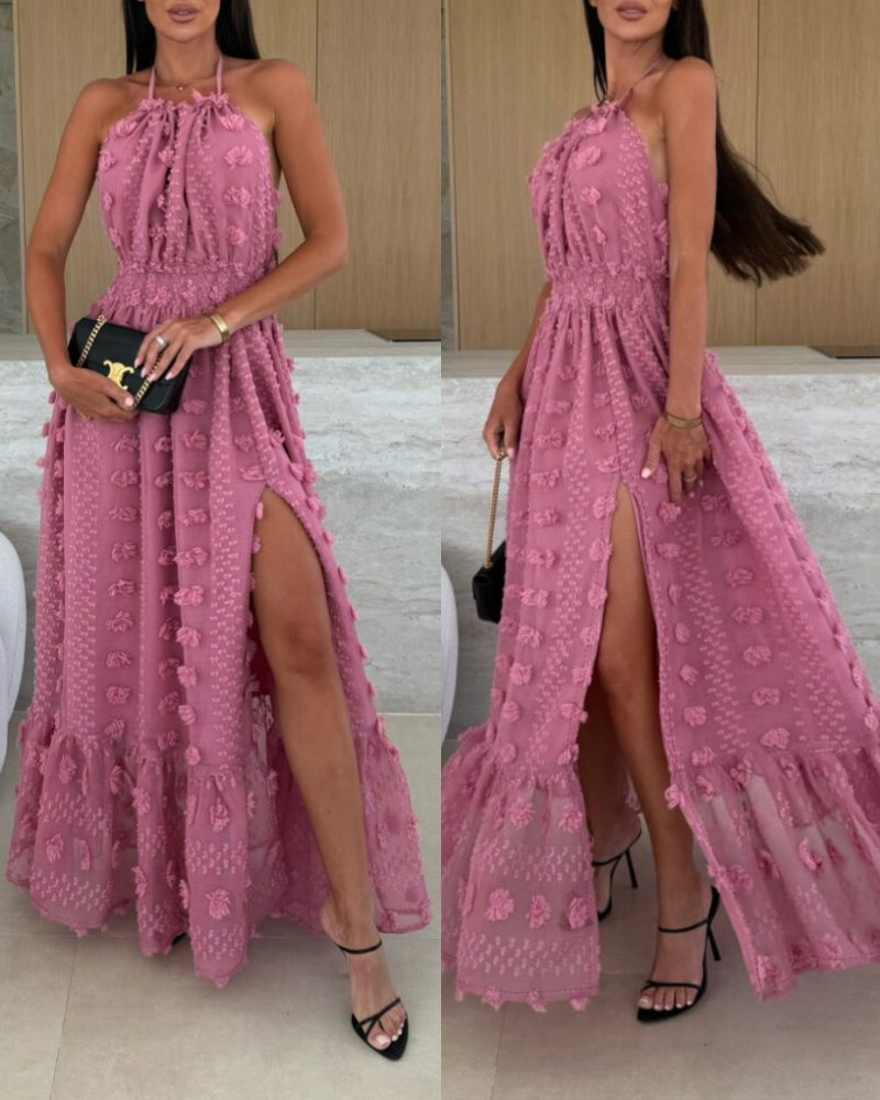 Halter 3D Flower Mesh Slit Evening Dress Backless Shirred Ruffle Hem ...