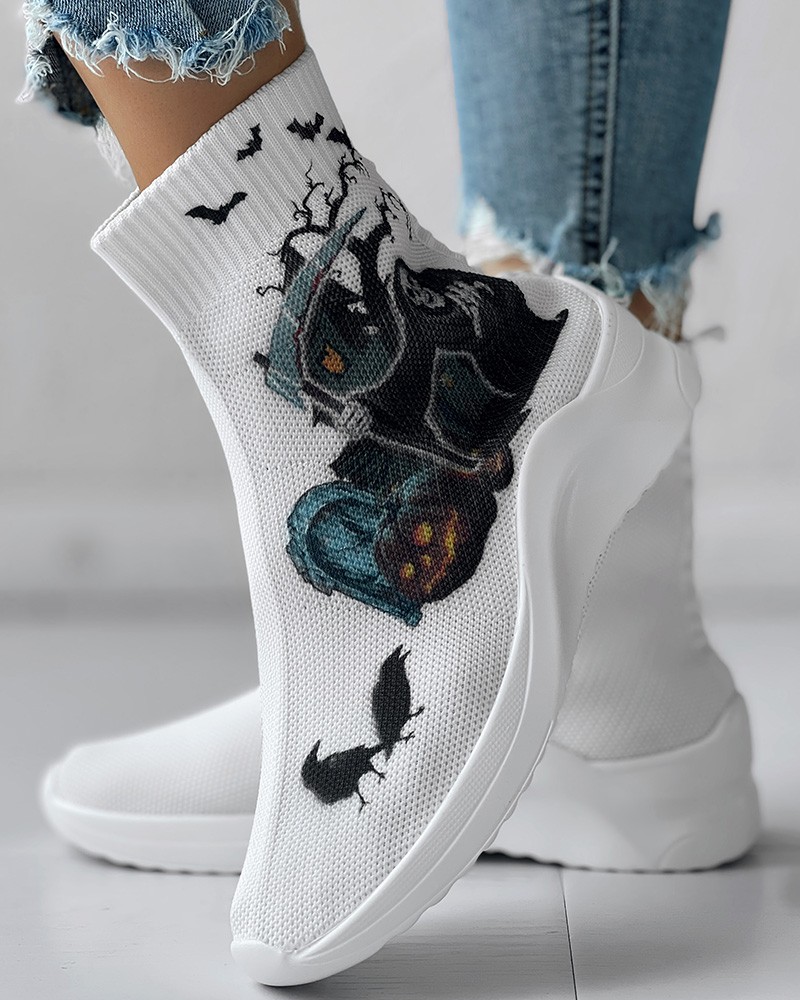 Halloween Haunted House Death Ghost Print Breathable Ankle Boots