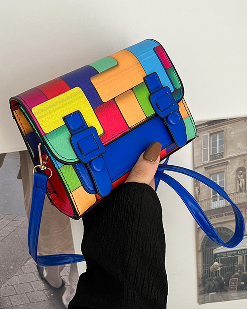 Geometric Print Colorblock Magnet Flap Crossbody Bag