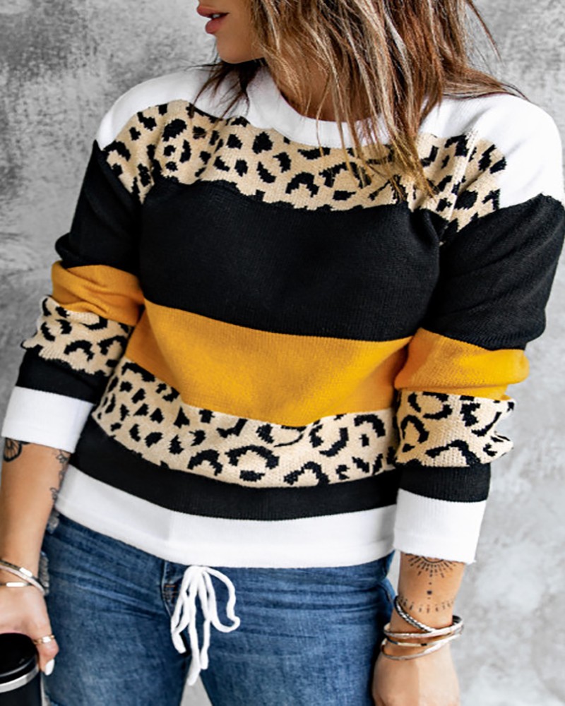 Cheetah Print Colorblock Knit Long Sleeve Sweater