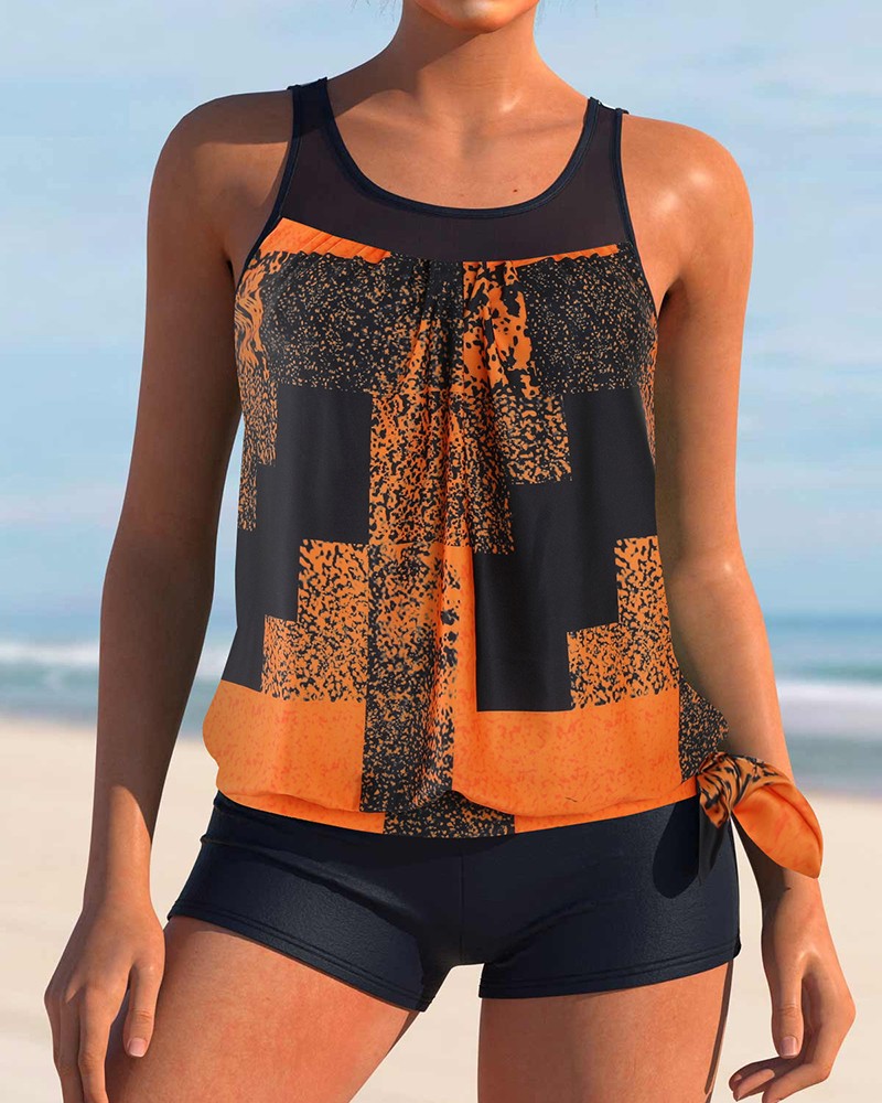 Paisley Print Contrast Mesh Tankini Set