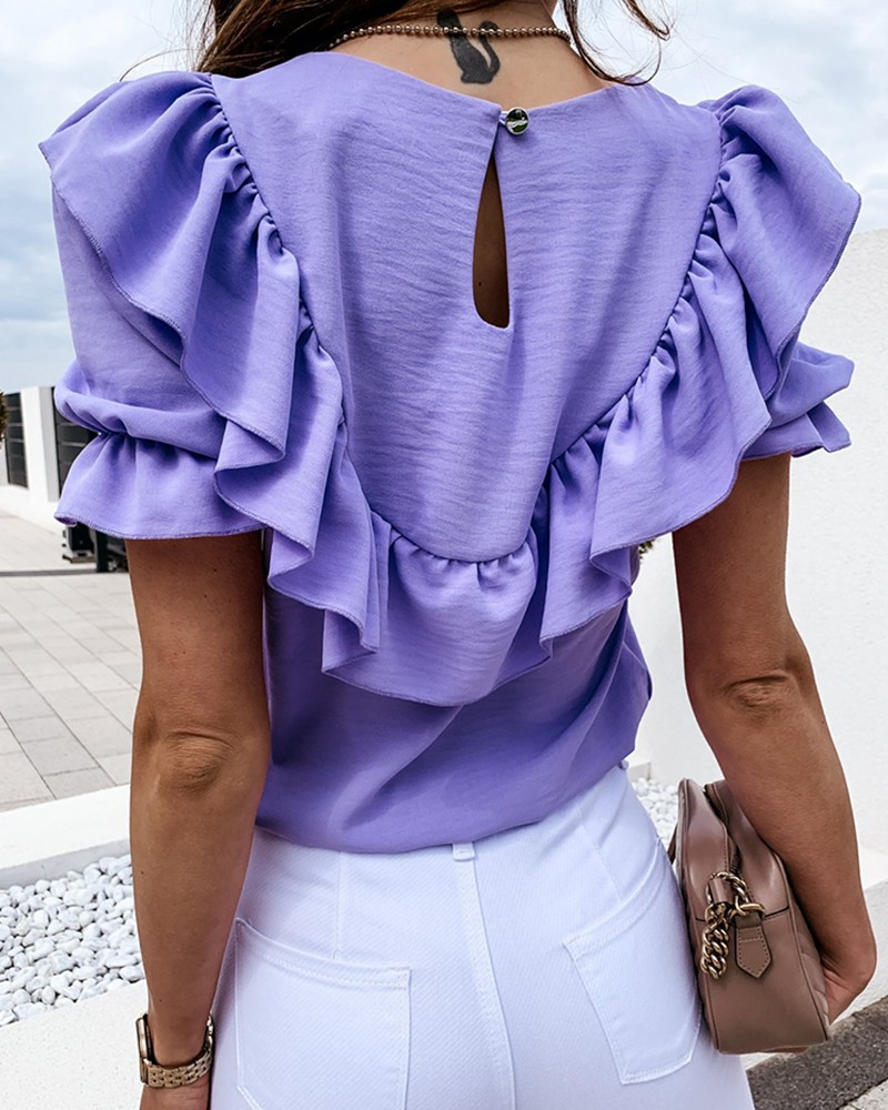 Puffed Sleeve Ruffles Casual Blouse