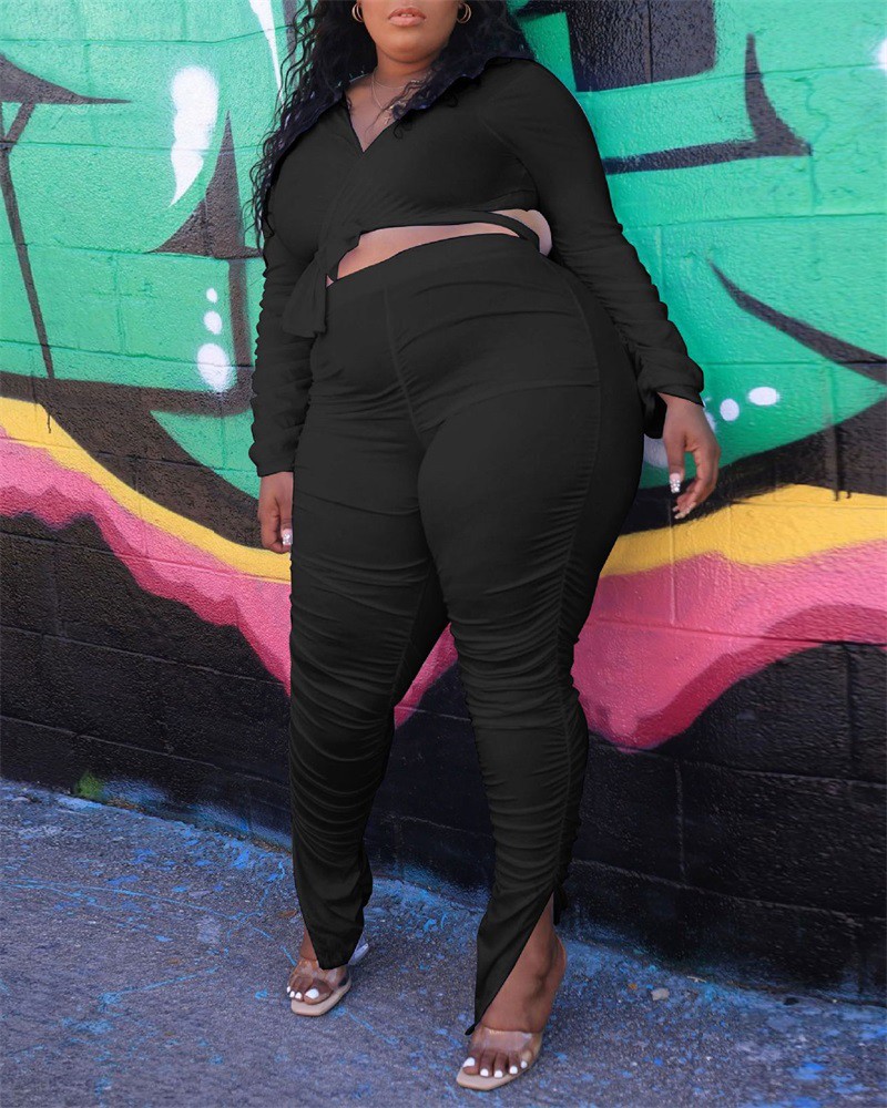 Plus Size Tied Detail Wrap Top & Ruched Pants Set