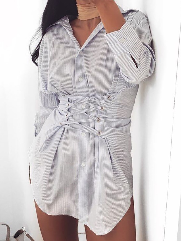 Fashion Pinstripes Lace-up Waist Shirt Dress