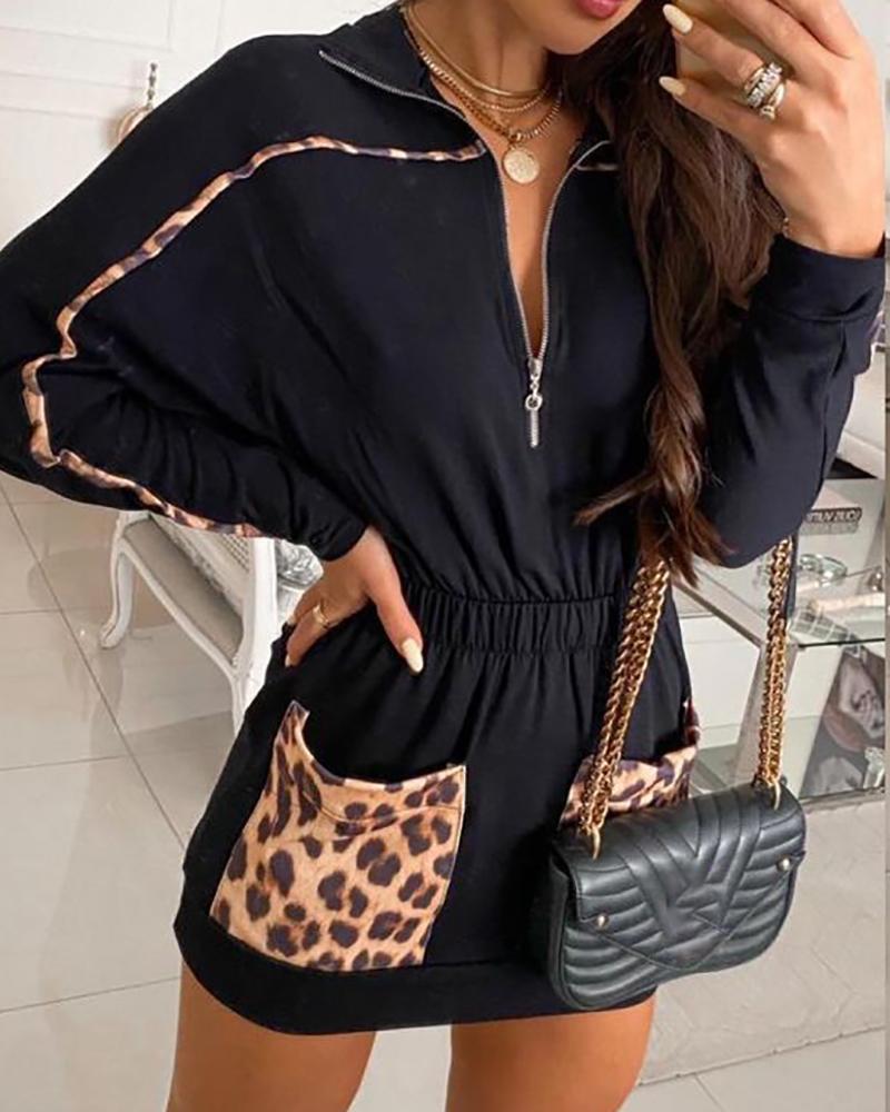 Cheetah Print Colorblock Pocket Design Casual Kjole